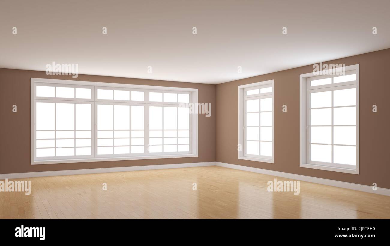 Brown Interior of the Empty Room with Three Windows, Light Glossy ...