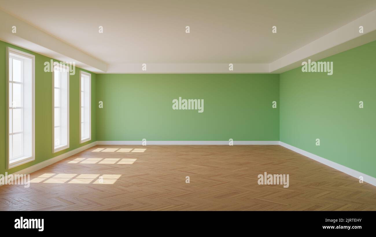 Green Interior of the Empty Room with Three Windows, White Ceiling ...