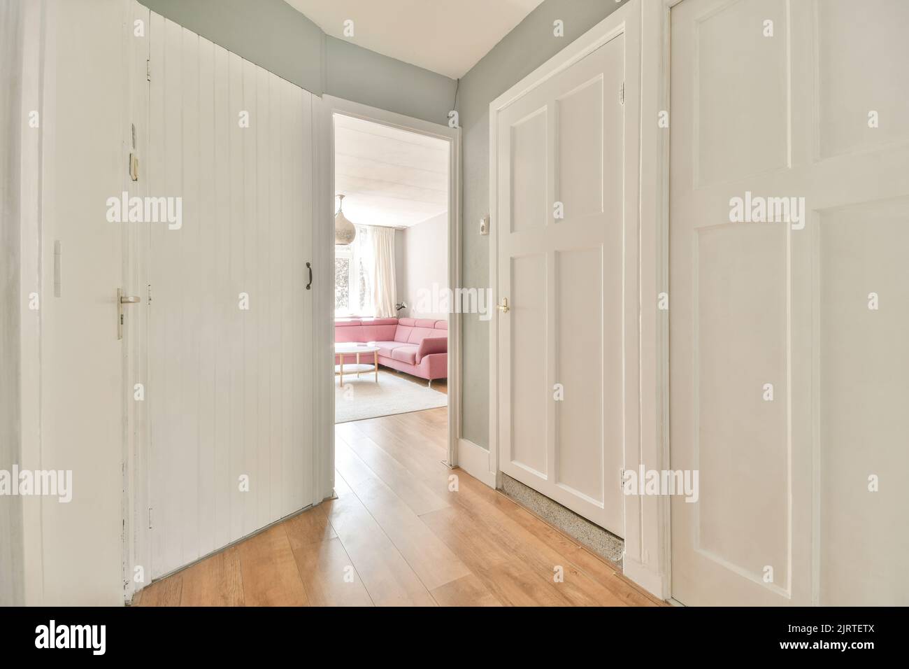 Perspective view of empty narrow hallway with white walls and wardrobe ...