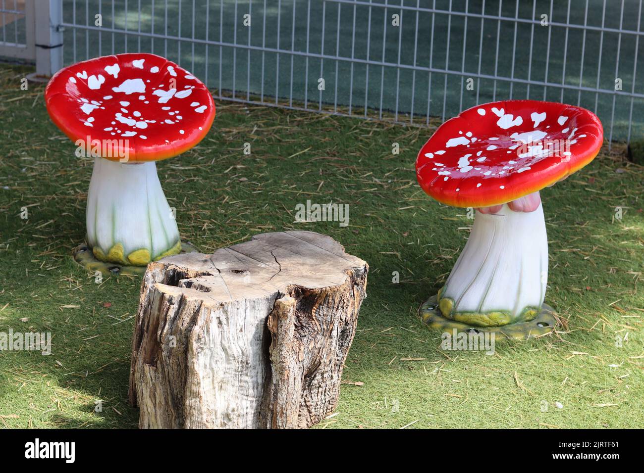 The mushroom shaped stools and a tree stump table on a faux grass floor ...
