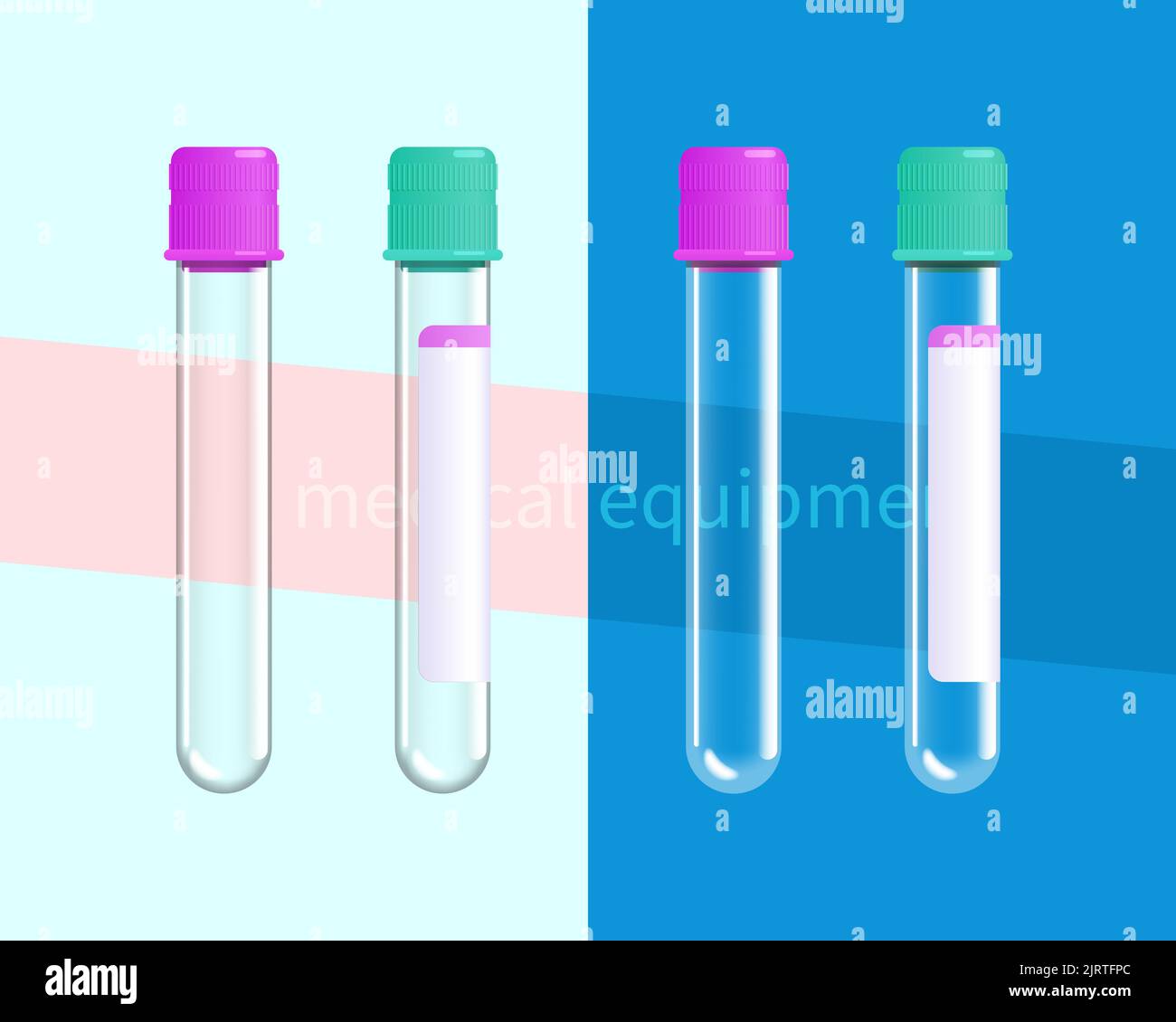 Vector illustration of transparent test tubes has purple and green caps ...
