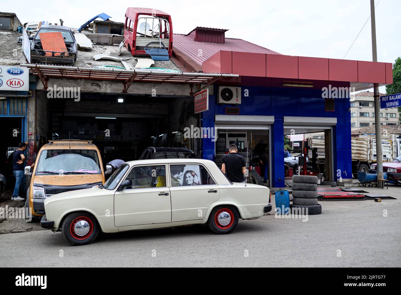 Old soviet Russian car LADA 2105 with photo of Turkish actors on the ...