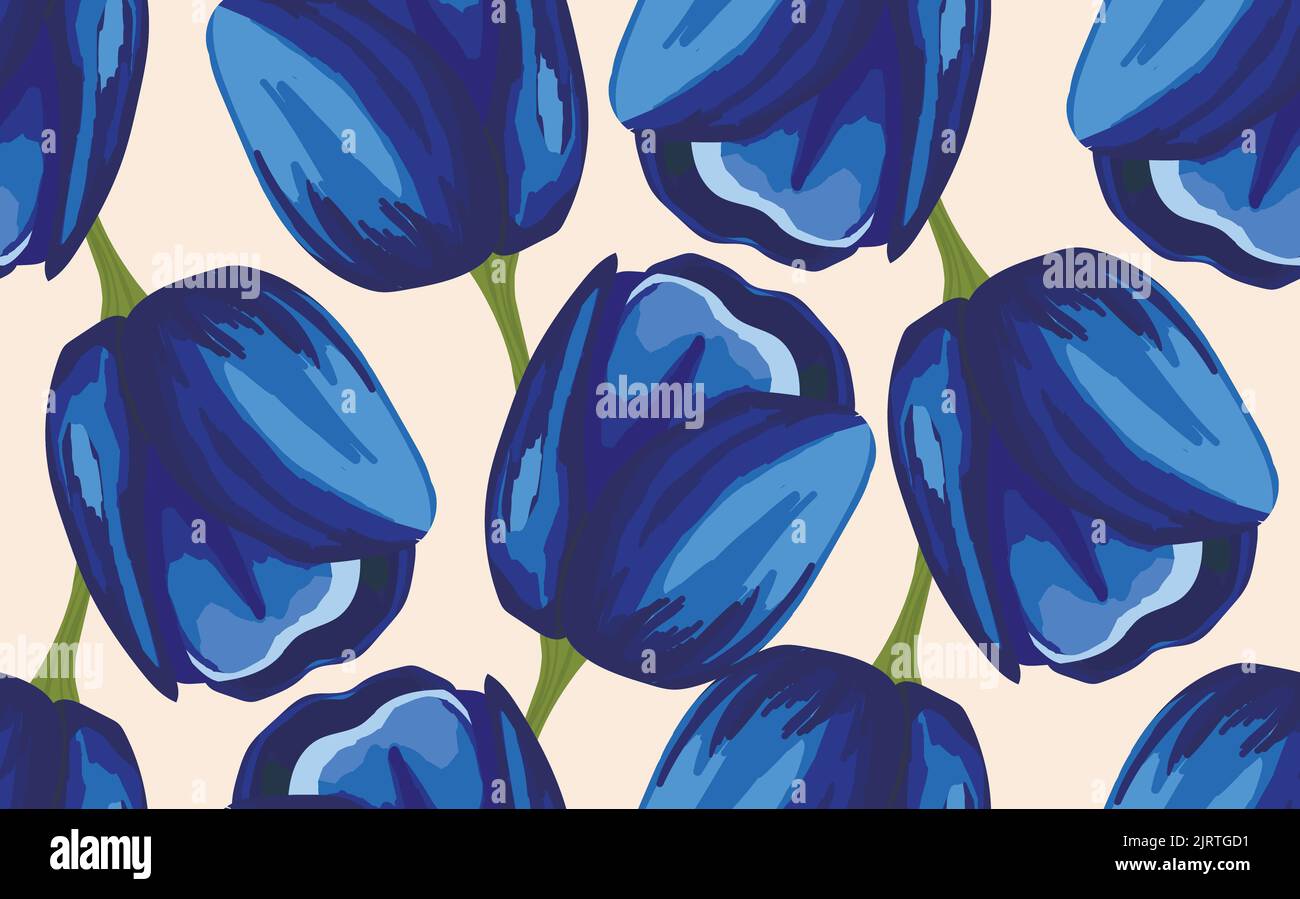Spring colorful vector illustration with blue tulips. Cartoon style ...