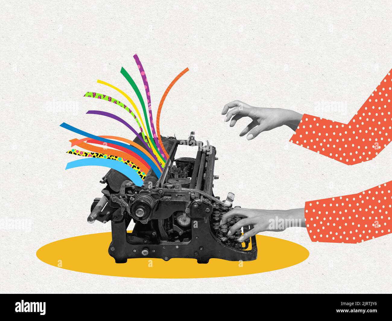 Pop art collage. Female hand typing on retro typewriter. Vintage, retro ...