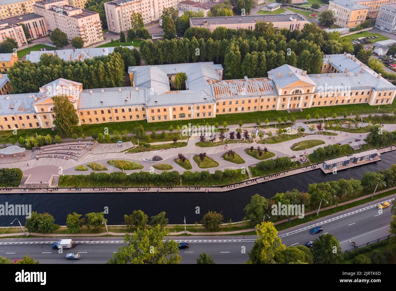 Aerial view of the public park of the Karpovka River Embankment in St ...