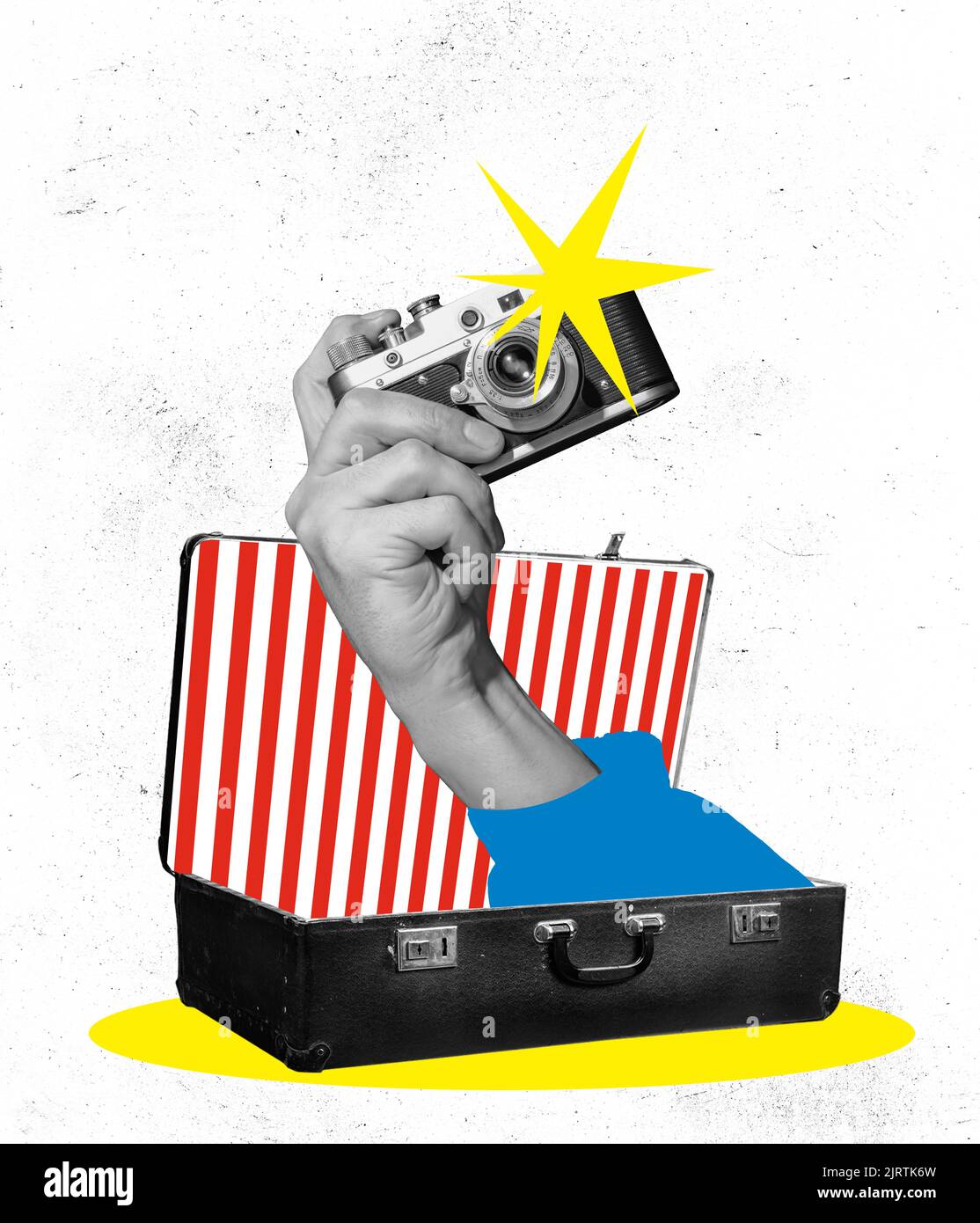 Contemporary art collage. Colorful image of retro photo camera in human ...