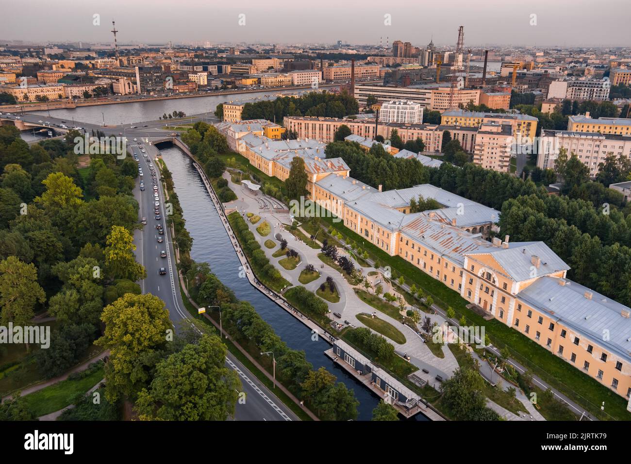 Aerial view of the public park of the Karpovka River Embankment in St ...