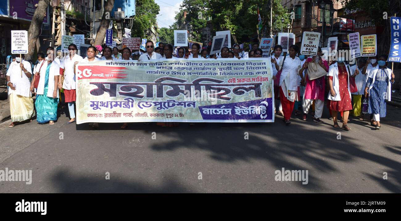 The members of the Nurses Unity held a mass rally in Kolkata for several demands, including pay ...
