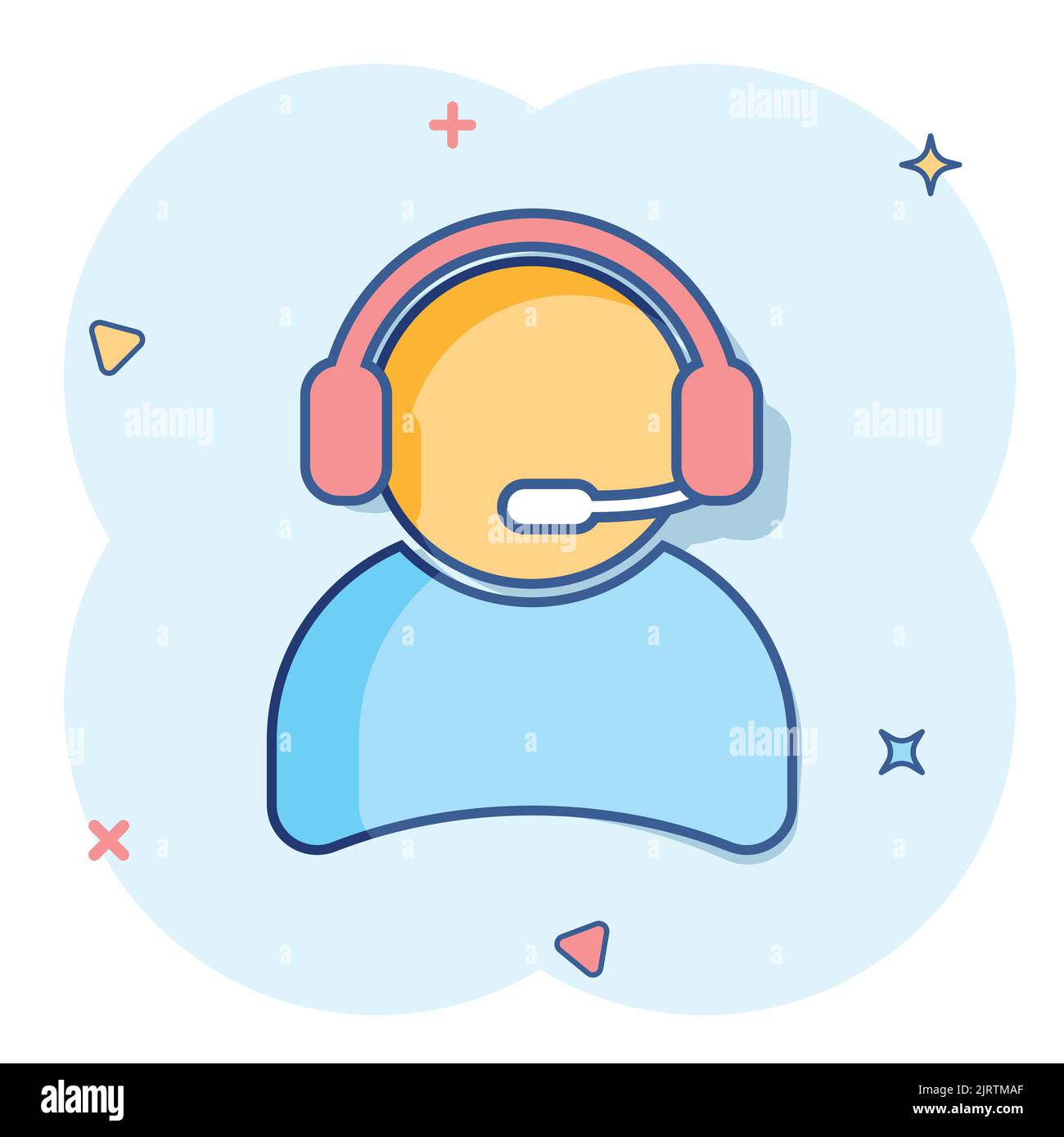 Vector cartoon operator with microphone icon in comic style. Operator in call center sign ...