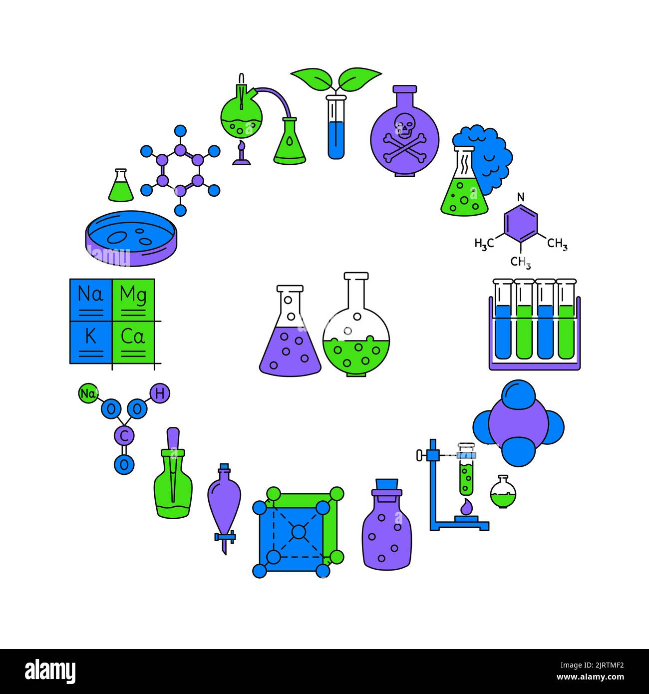 Chemistry round banner in colored line style. Poster with chemical ...