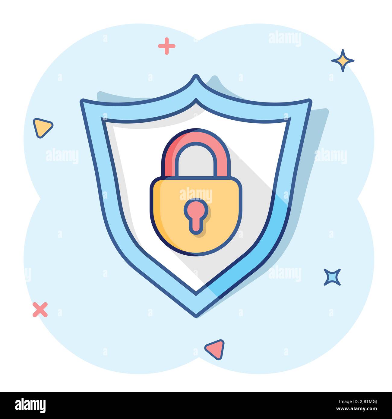 Vector cartoon lock with shield security icon in comic style ...