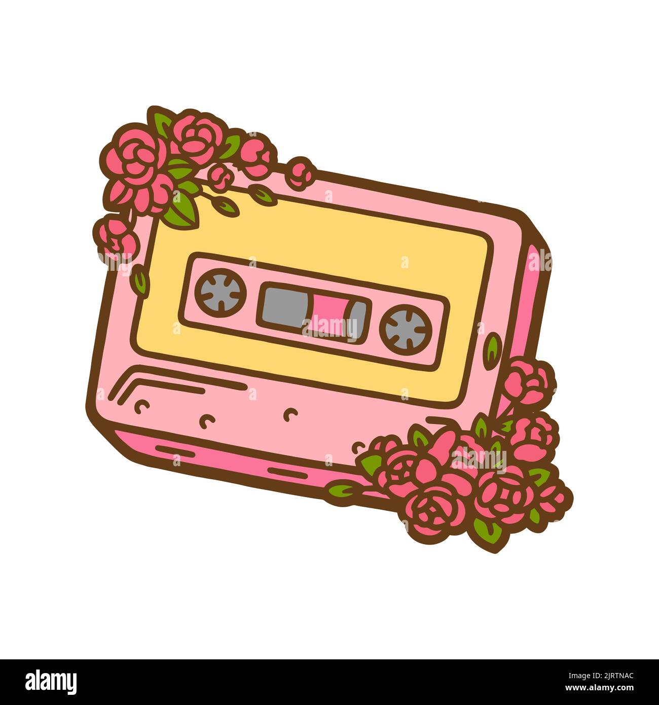 Cute hand drawn audio cassette with flowers. Color image of retro audio ...