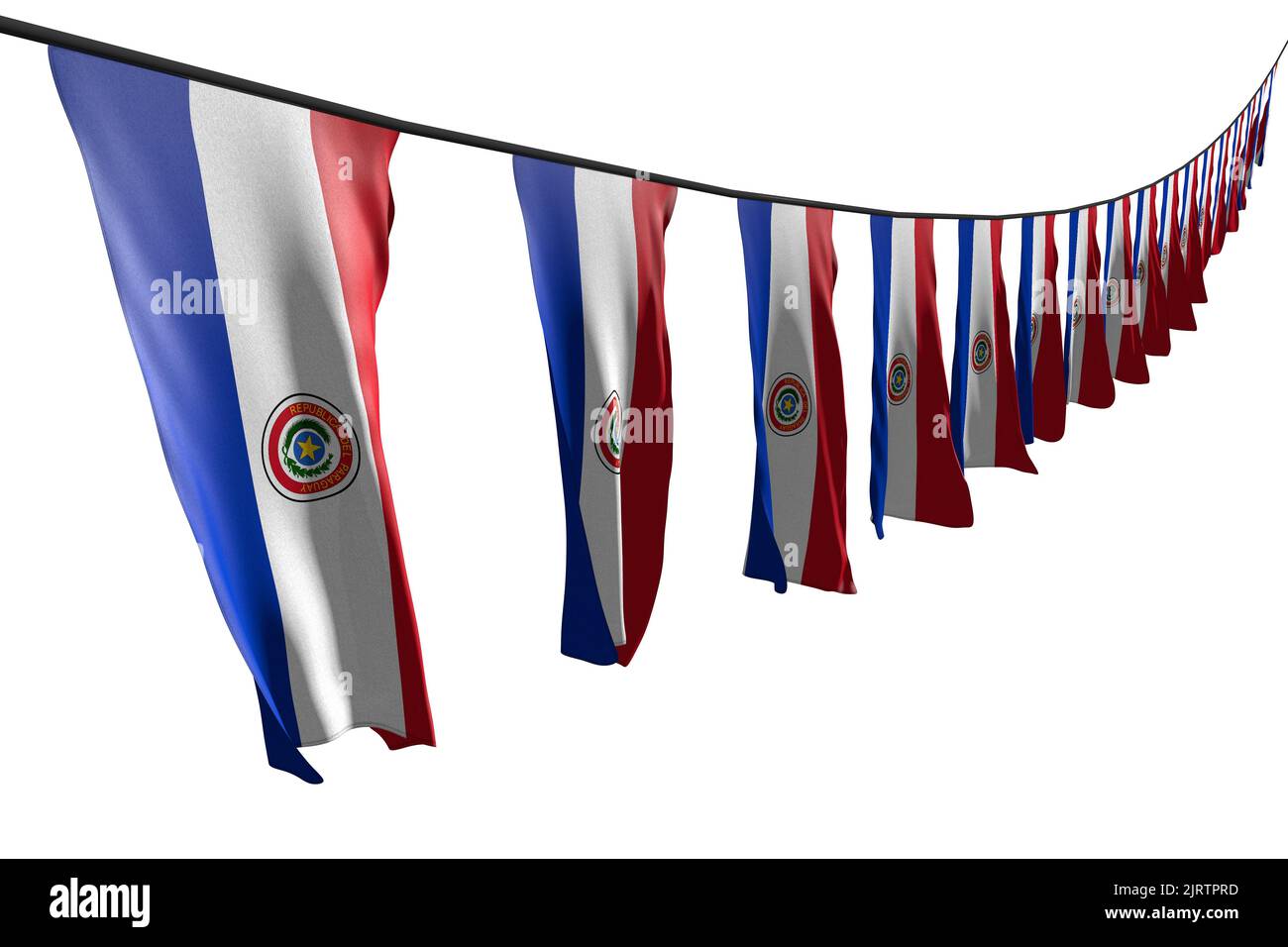 nice many Paraguay flags or banners hanging diagonal with perspective ...