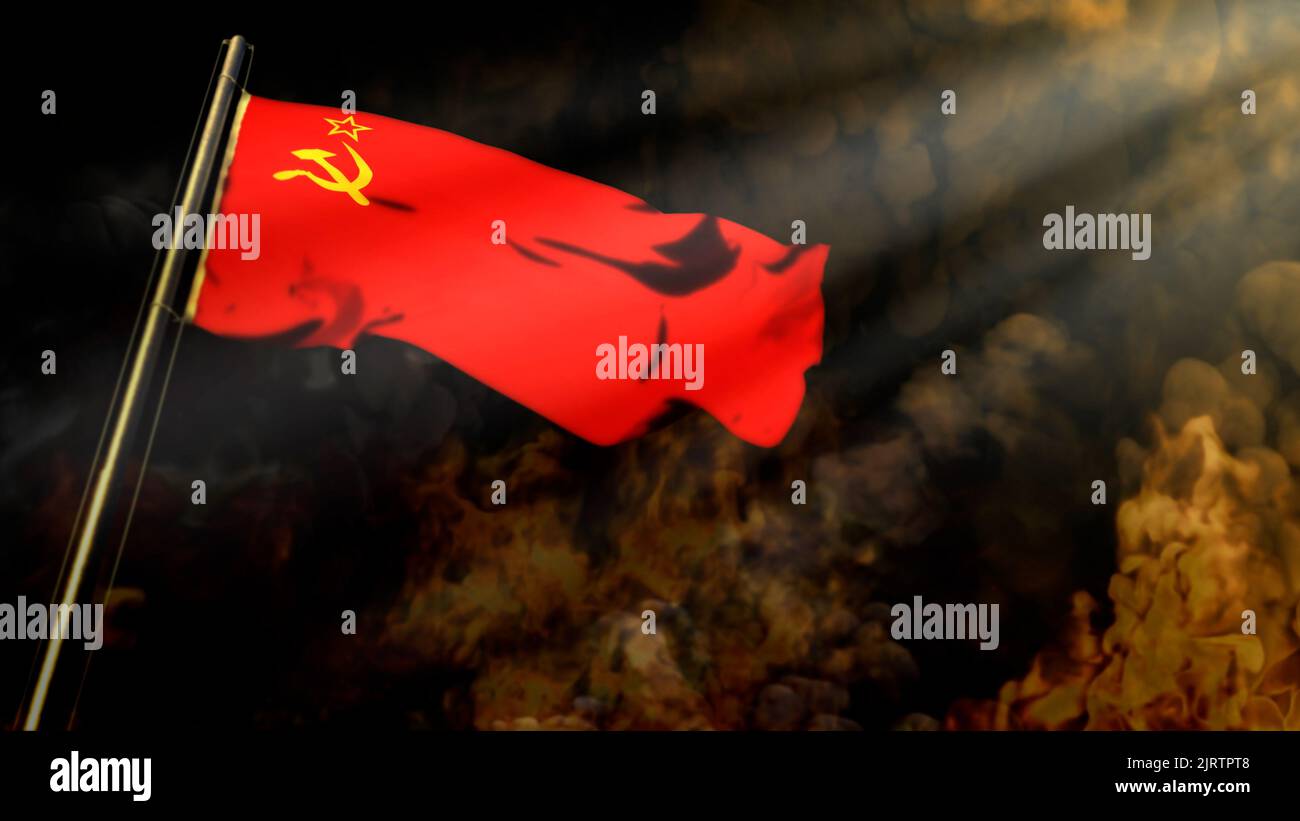 soft focus Soviet Union (USSR, SSSR) flag on smoke with sun beams ...