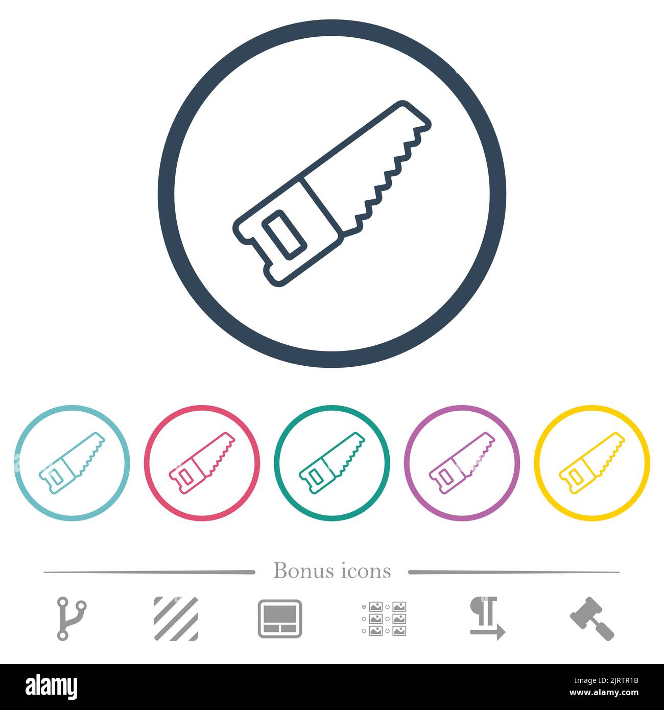 Hand saw outline flat color icons in round outlines. 6 bonus icons ...