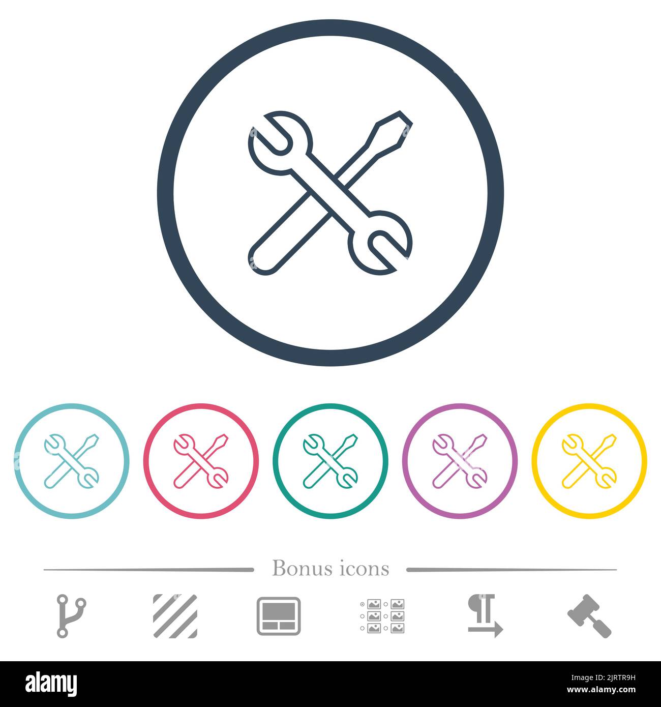 Crossed wrench and screwdriver outline flat color icons in round ...