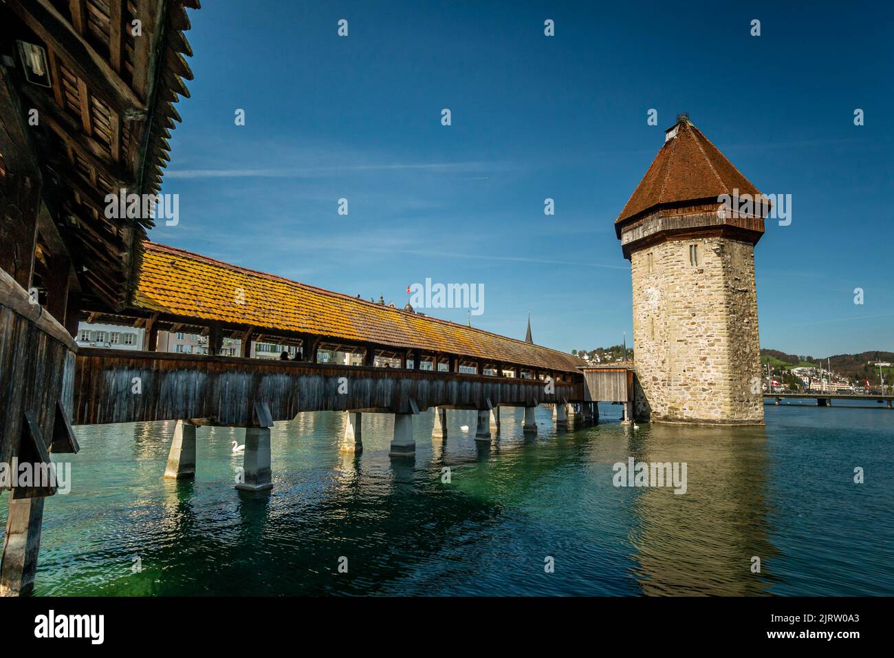 Lucerne, Switzerland on April 9, 2014. Wooden bridge of the chapel ...