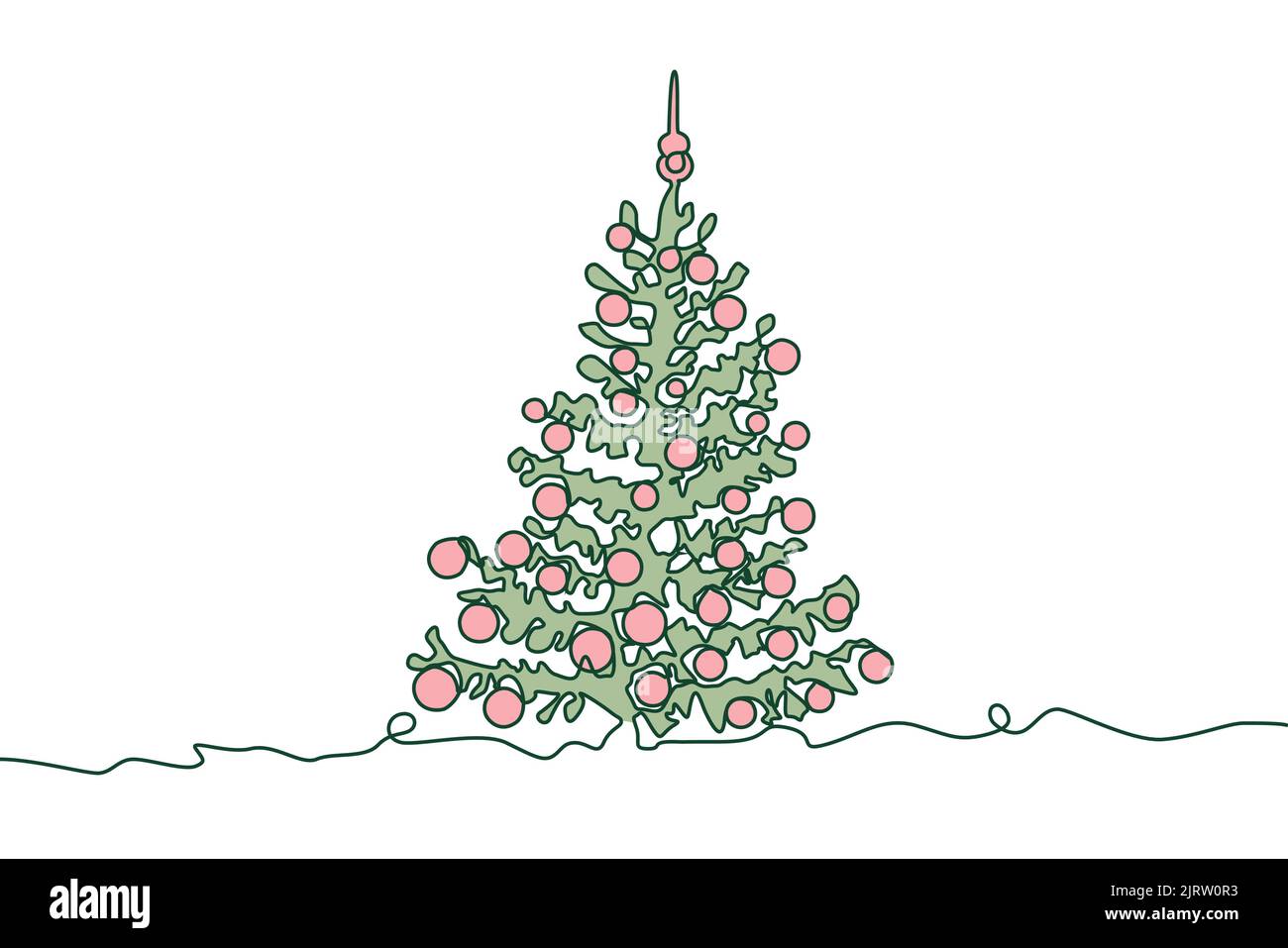 Christmas tree. Hand drawn icon continuous line drawing and green flat ...
