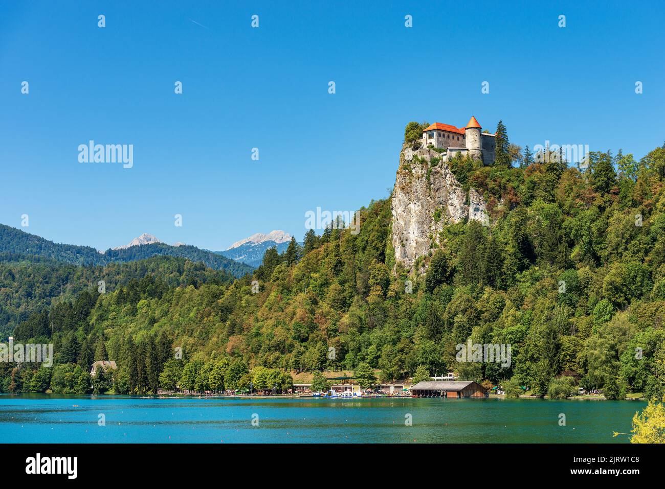 Lake Bled with the medieval Bled Castle (Blejski grad), XI century ...