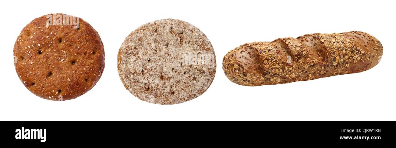 Assortment of cereal baked goods isolated on white background, healthy ...