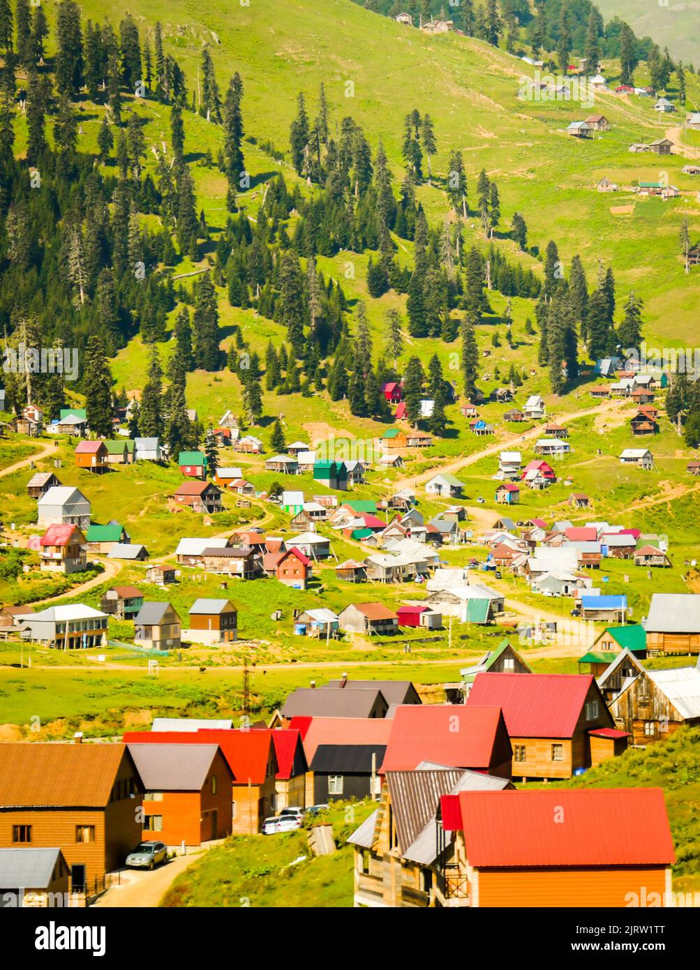 Bakhmaro village colorful houses panorama in summer. FAmous travel ...