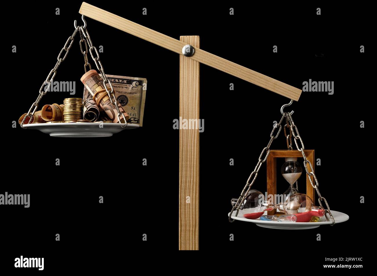 Time is Money Concept Clock and Currency on a Two Pan Balance Stock ...