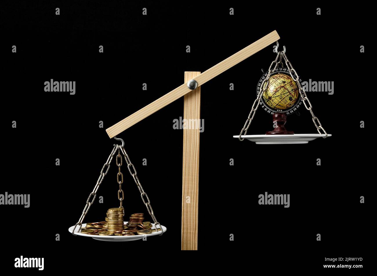 Globe Planet Earth and Money on a Two Pan Balance Stock Photo - Alamy