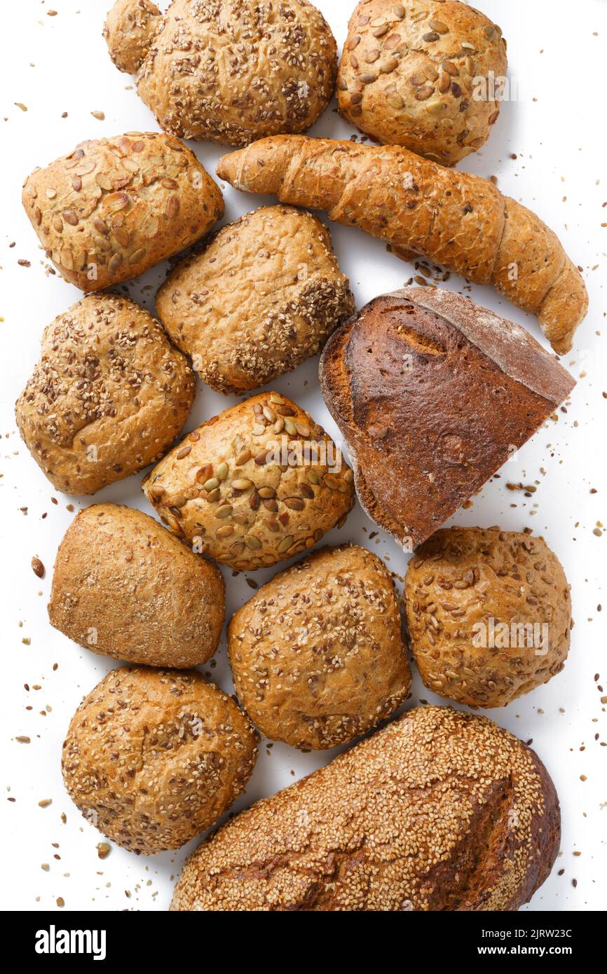 Bread assortment from various bakery products, white background, simple ...