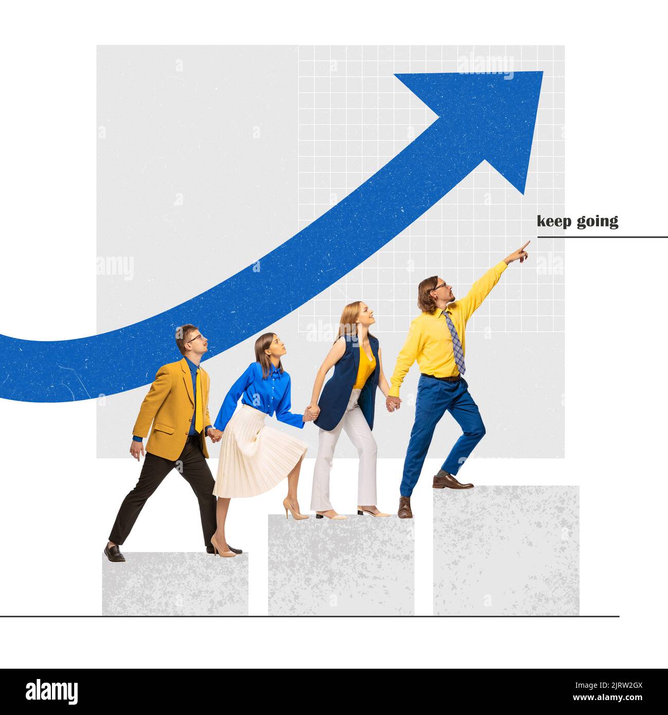 Contemporary art collage. Group of colleagues, employees mowing forward ...