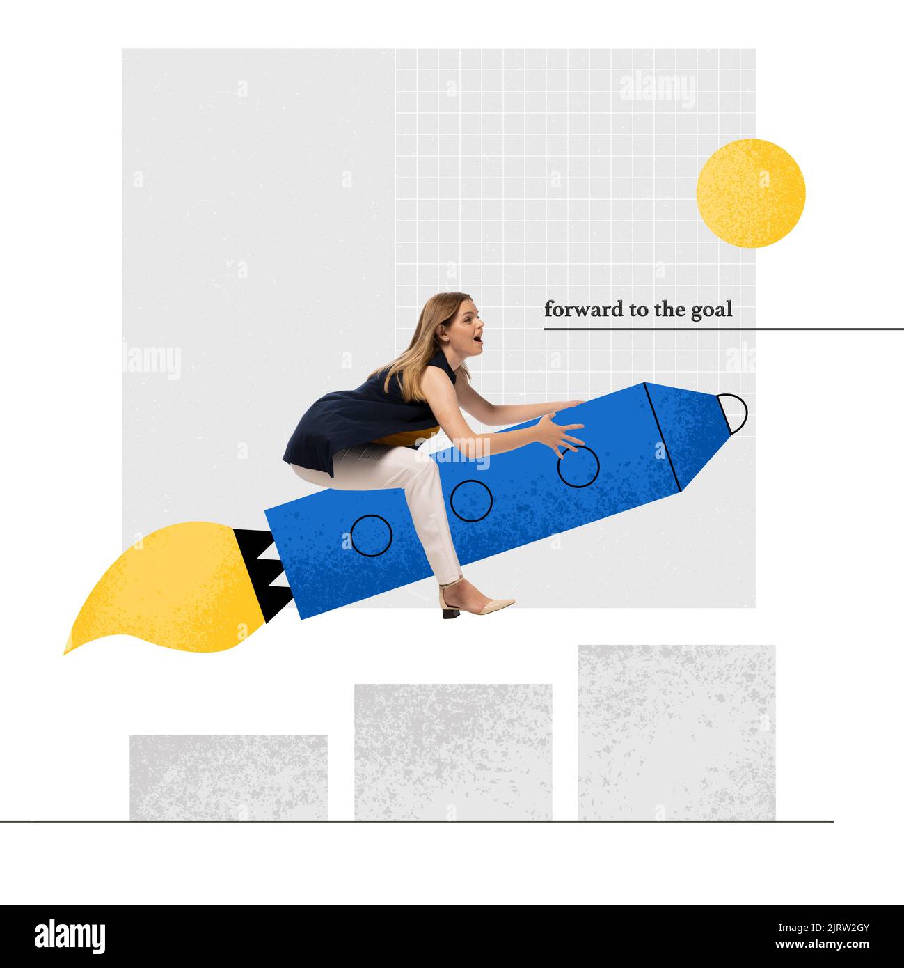 Contemporary art collage. Motivated, ambitious woman, employee sitting ...