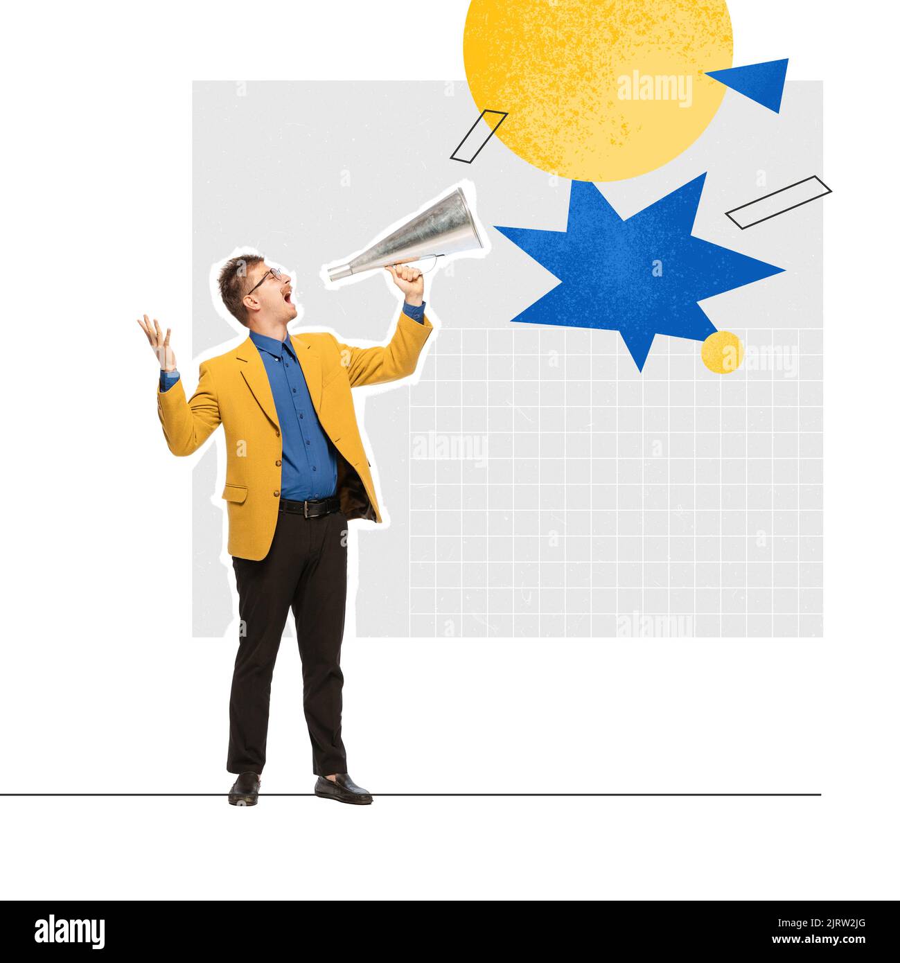 Contemporary art collage. Businessman, manager shouting in megaphone ...