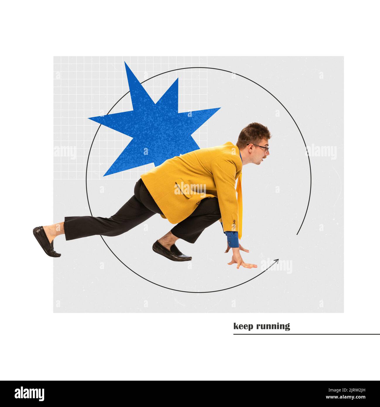 Contemporary art collage. Motivated young man, trainee, standing on ...