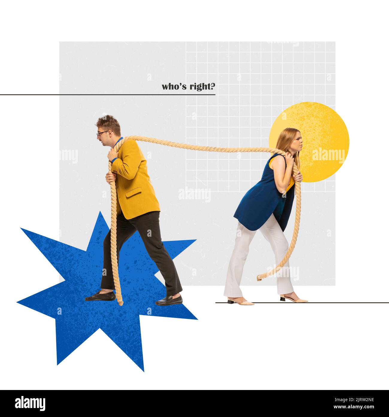 Contemporary art collage. Two stubborn employees pulling rope on ...