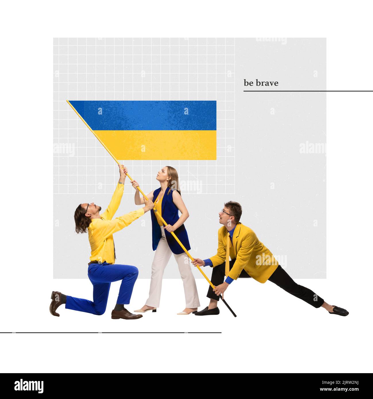 Contemporary art collage. Group of young people rising flag of Ukraine ...