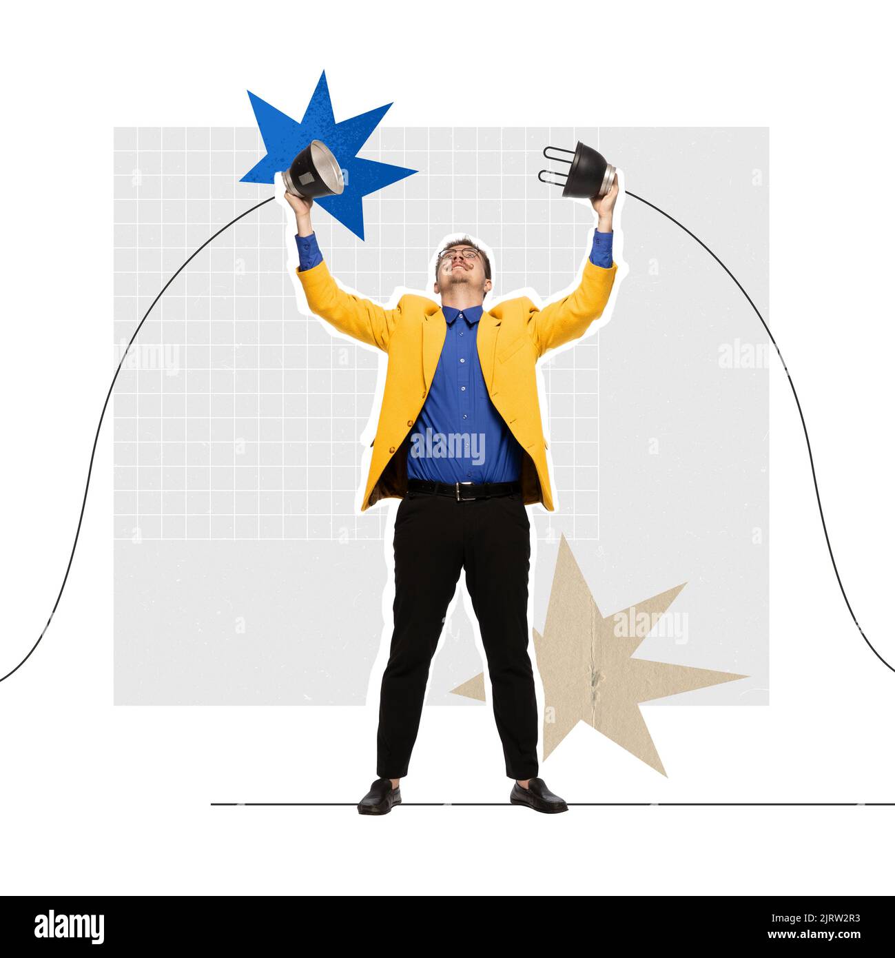 Contemporary art collage. Motivated man, employee connecting socket ...