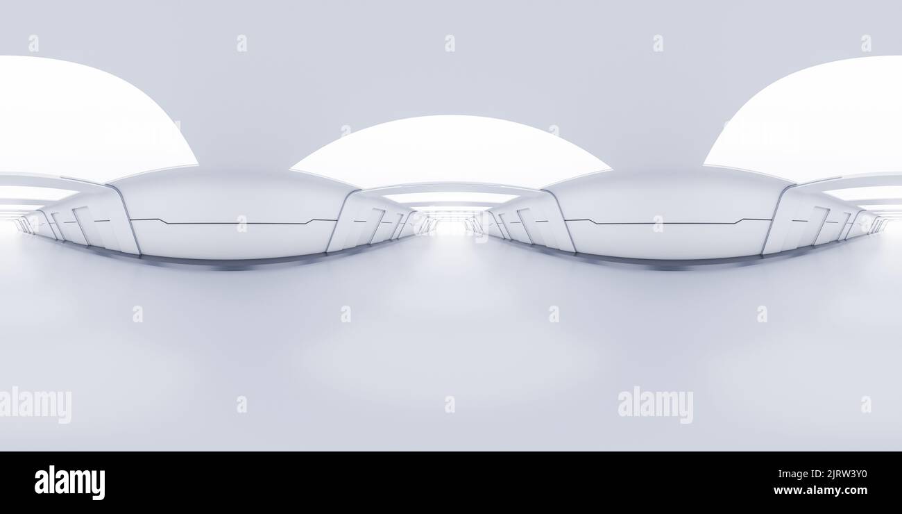 Empty white tunnel with futuristic style, 3d rendering. 360-degree seamless panoramic view ...