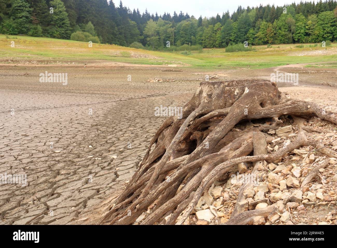 dried up empty reservoir and dam during a summer heatwave, low rainfall ...