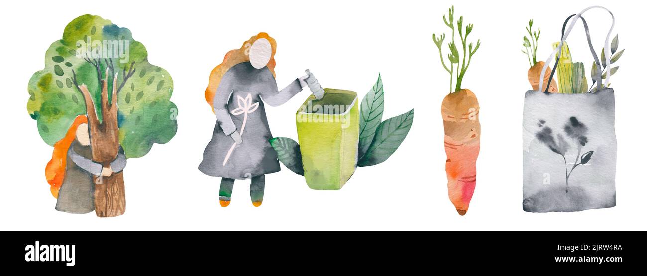 Eco watercolor illustration. Zero waste lifestyle. People sorting waste ...