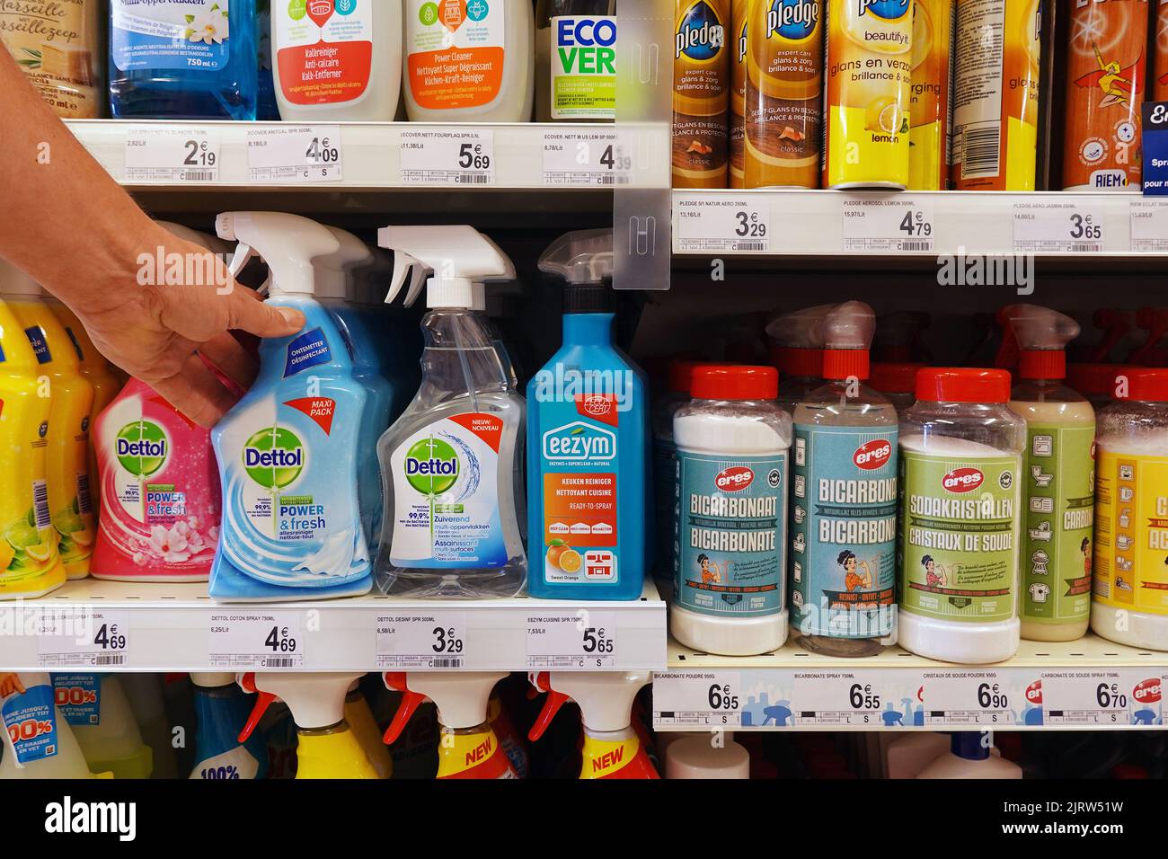 Sanitize cleaning products in a store Stock Photo - Alamy