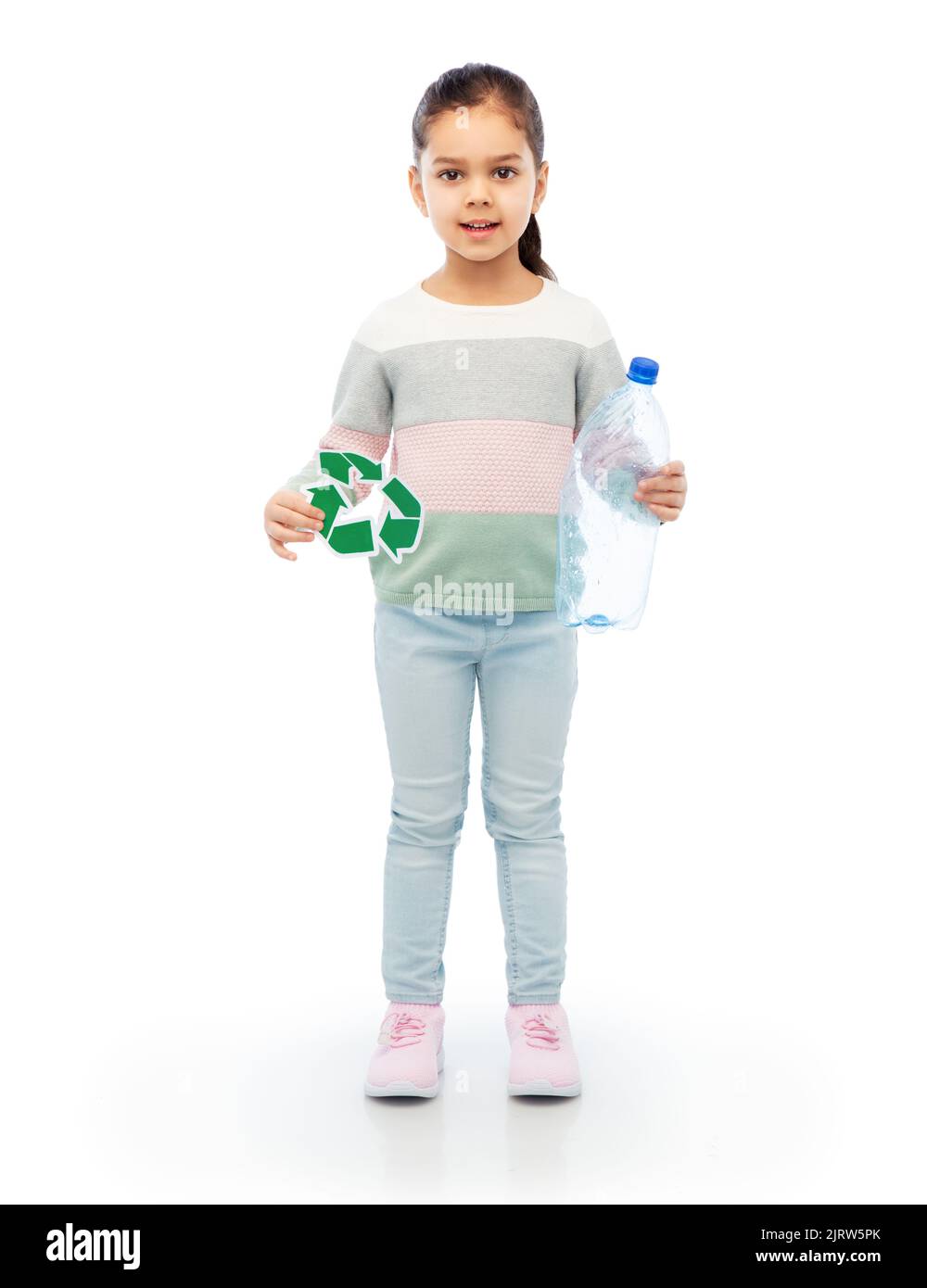 girl with green recycling sign and plastic bottle Stock Photo - Alamy
