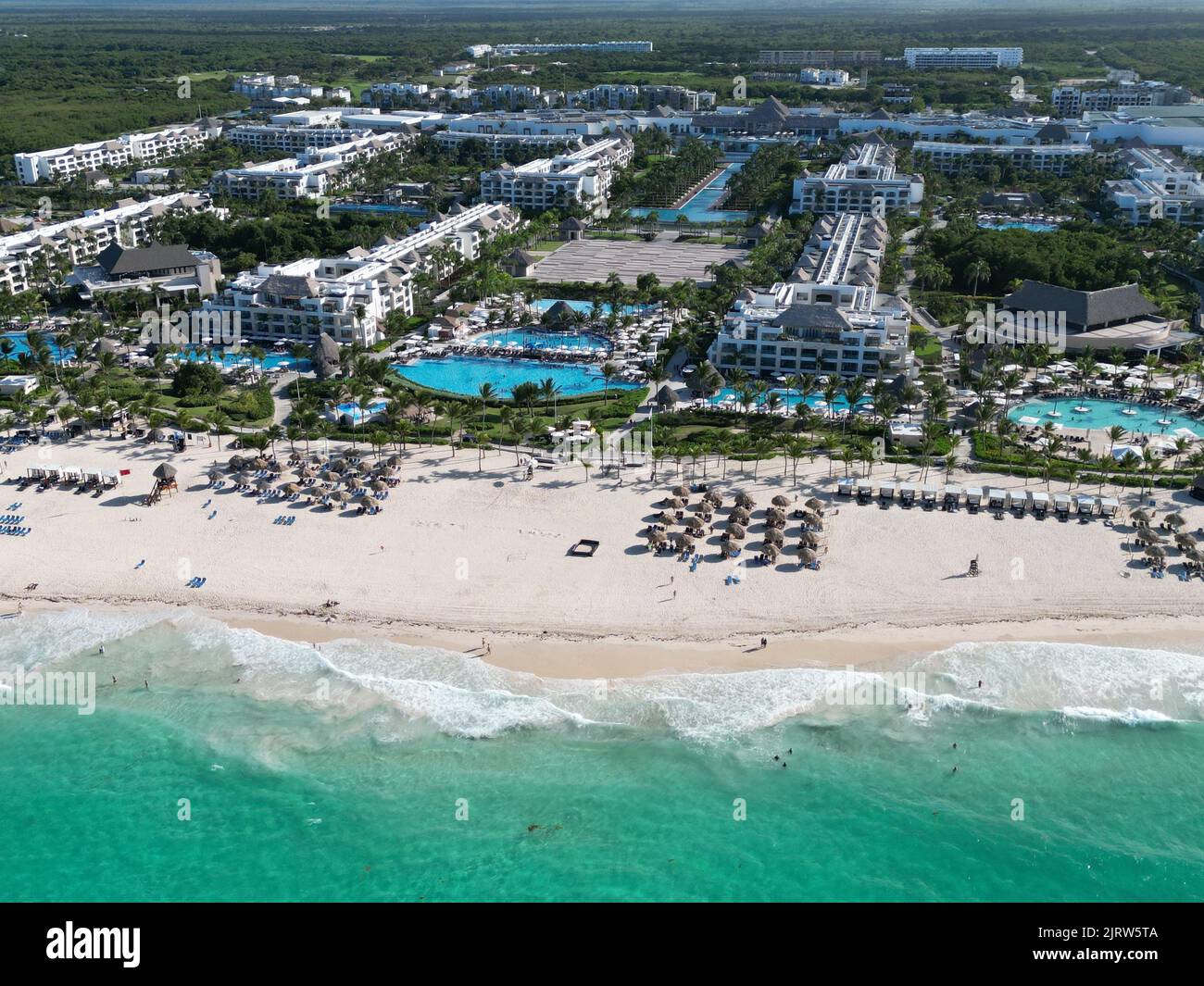 A drone view of a hard rock hotel in the Dominican Republic near ocean ...