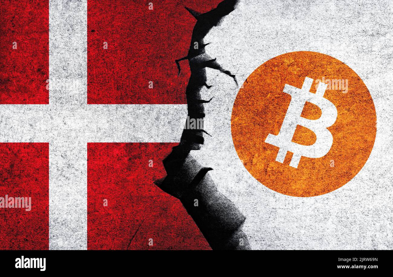 Bitcoin and Denmark flag on a wall with a crack. Denmark Bitcoin banned ...