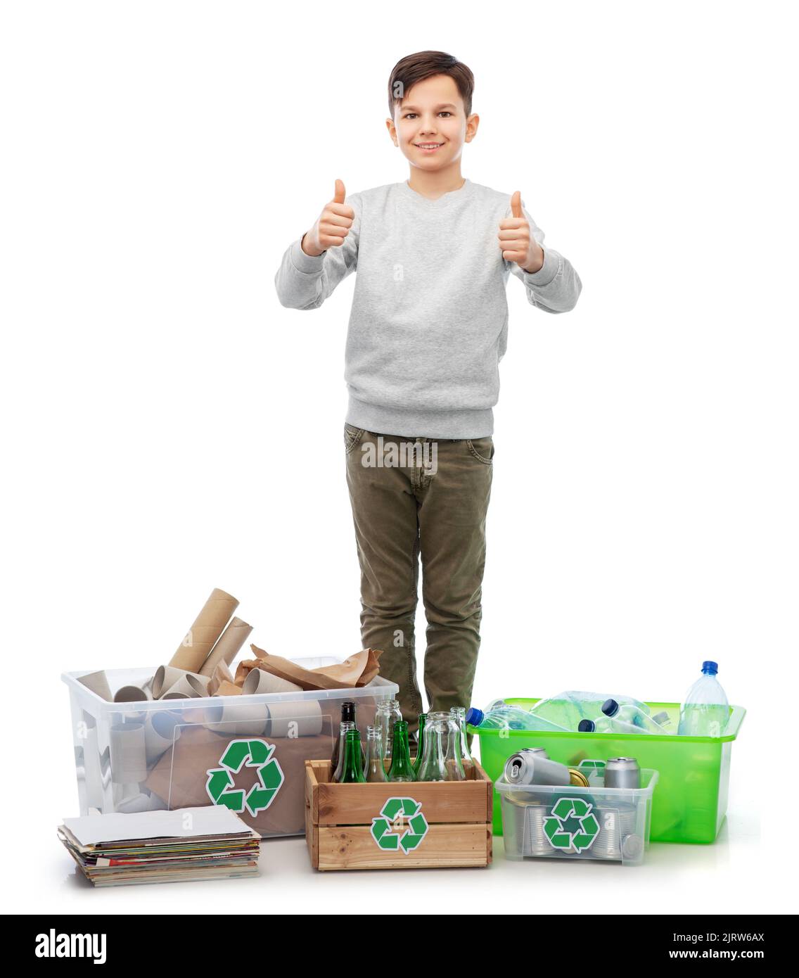 smiling boy sorting paper, metal and plastic waste Stock Photo - Alamy