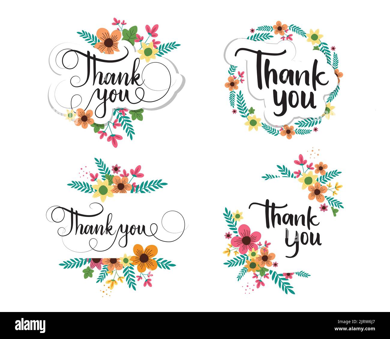 Thank you script decorated by flat design floral ornaments vector ...