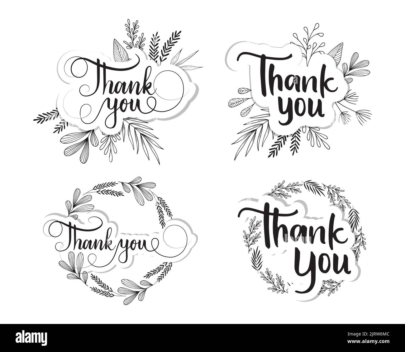 Thank you script decorated by handdrawn outline floral vector ...