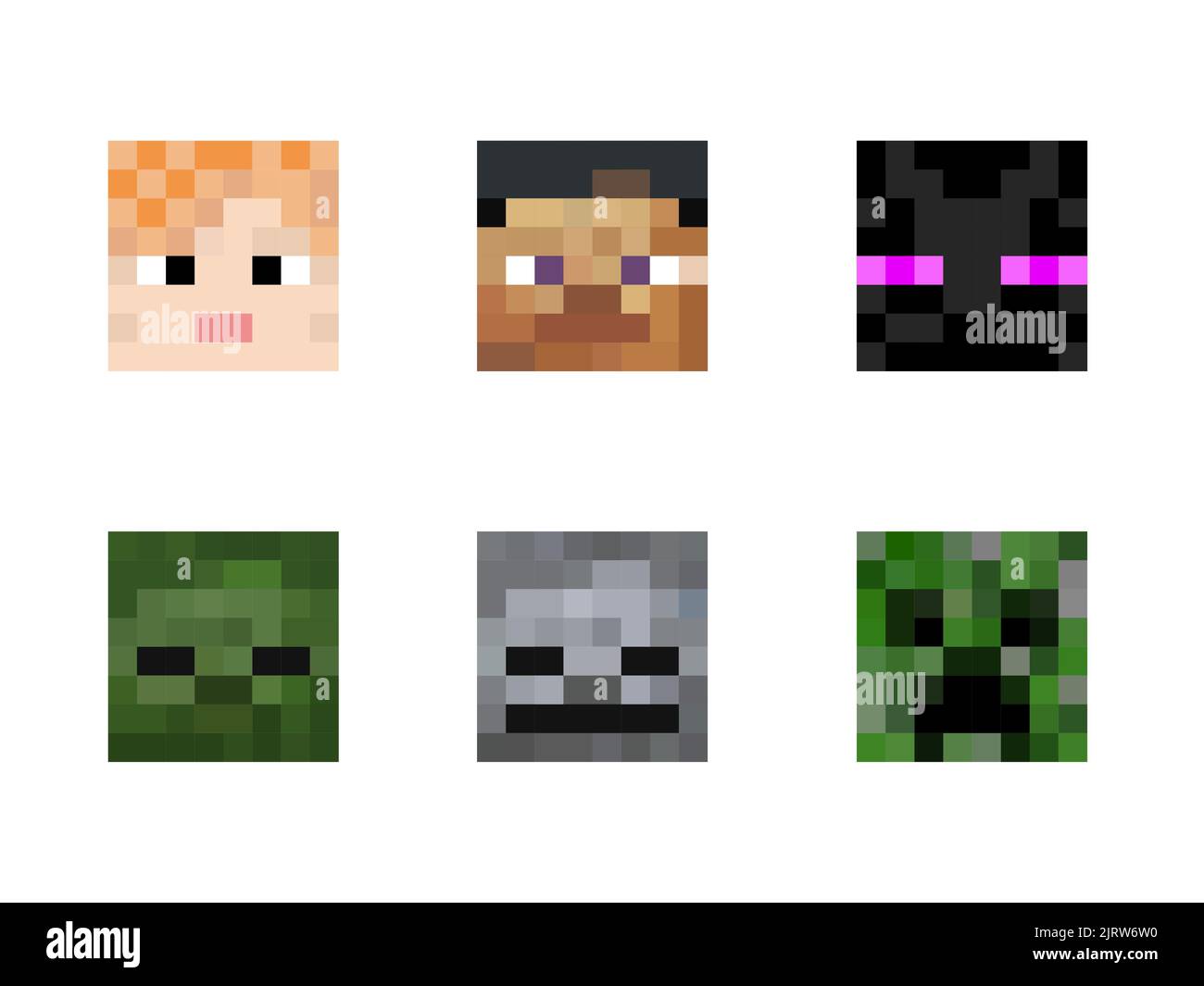 A set of colored square cartoon pixel heads isolated on a white ...