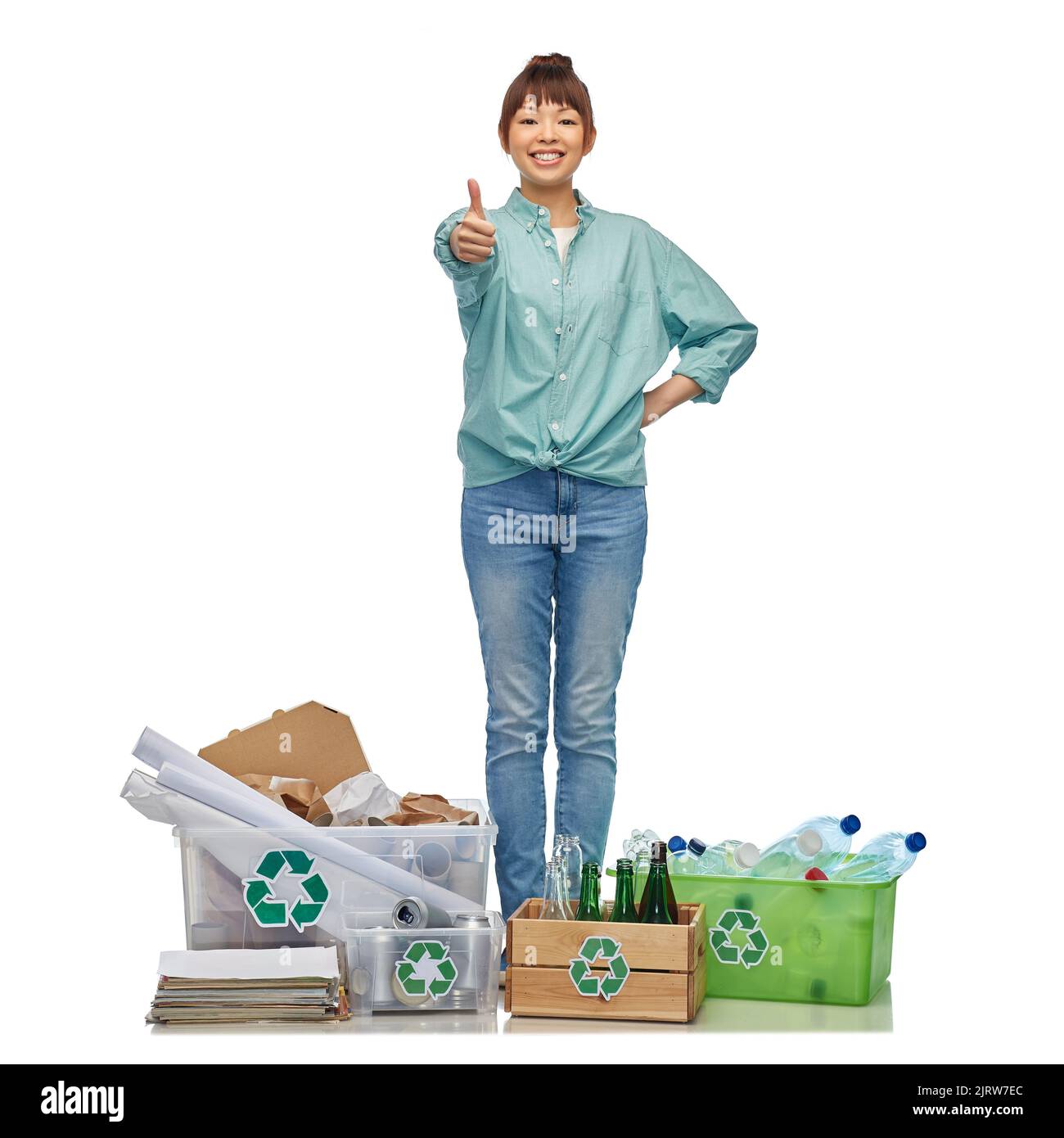 happy woman sorting paper, metal and plastic waste Stock Photo - Alamy