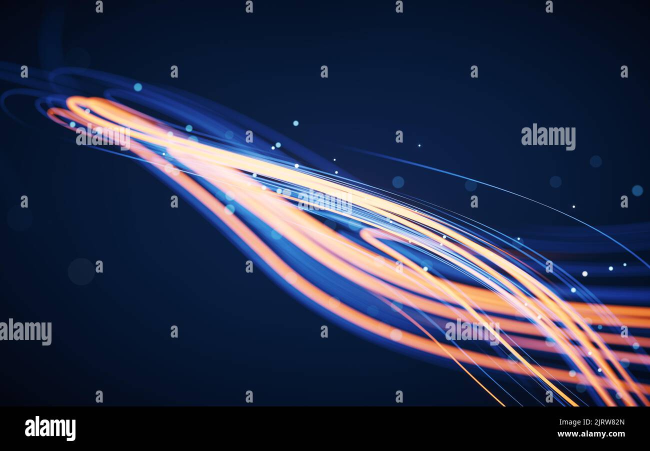 Flowing curves with glowing neon lines, 3d rendering. Computer digital ...