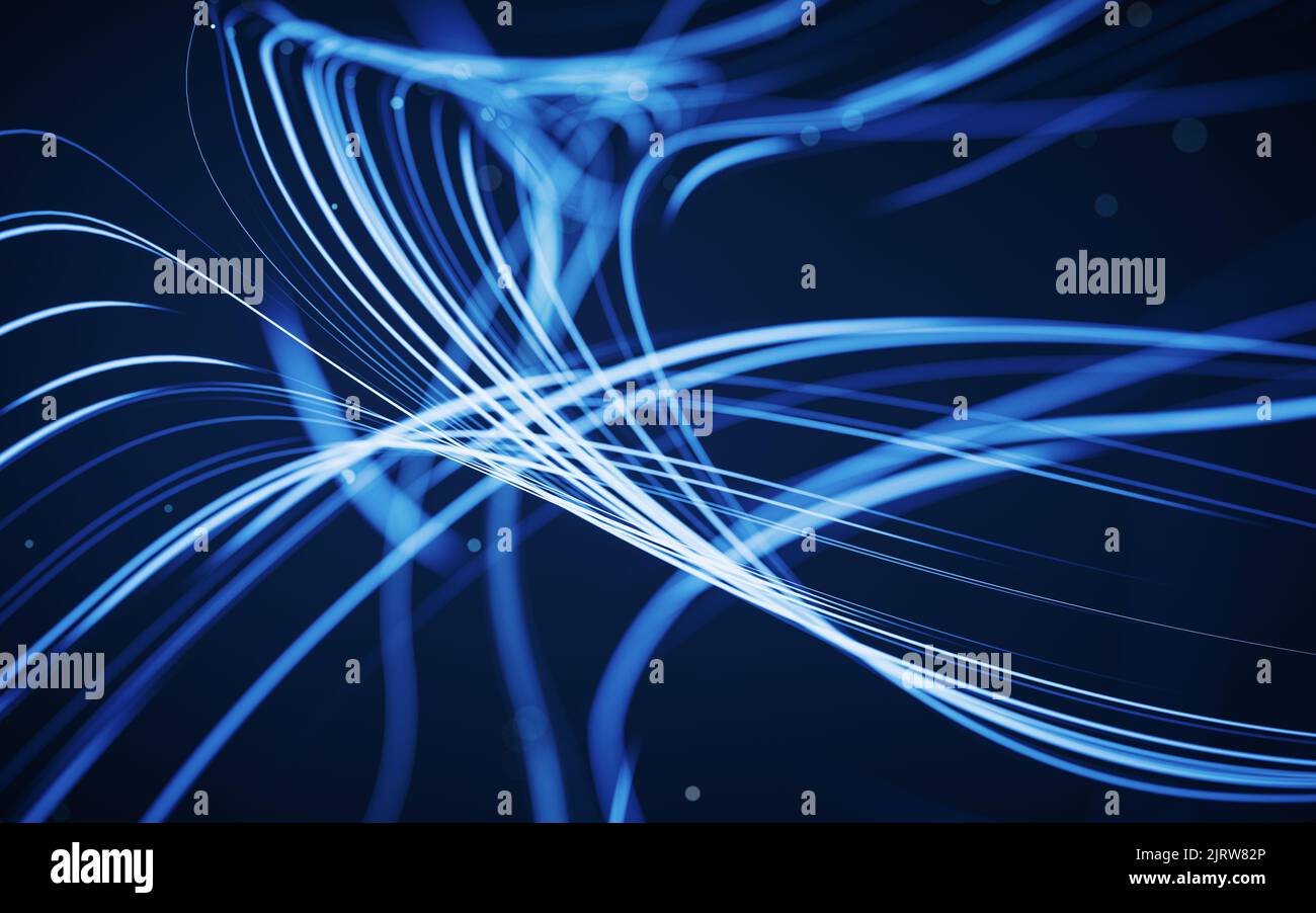 Flowing curves with glowing neon lines, 3d rendering. Computer digital ...