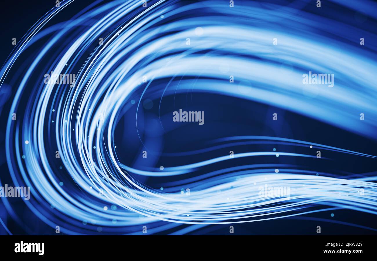 Flowing curves with glowing neon lines, 3d rendering. Computer digital ...